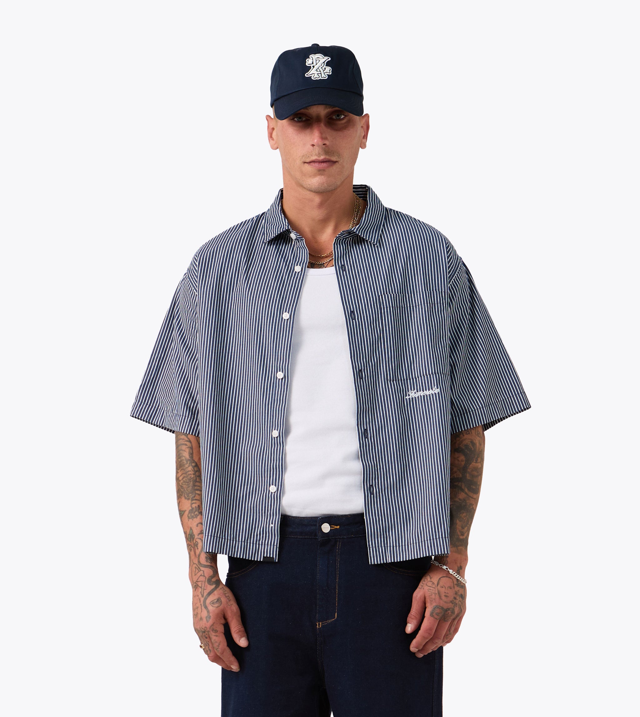 Box Crop Shirt Navy Stripe
